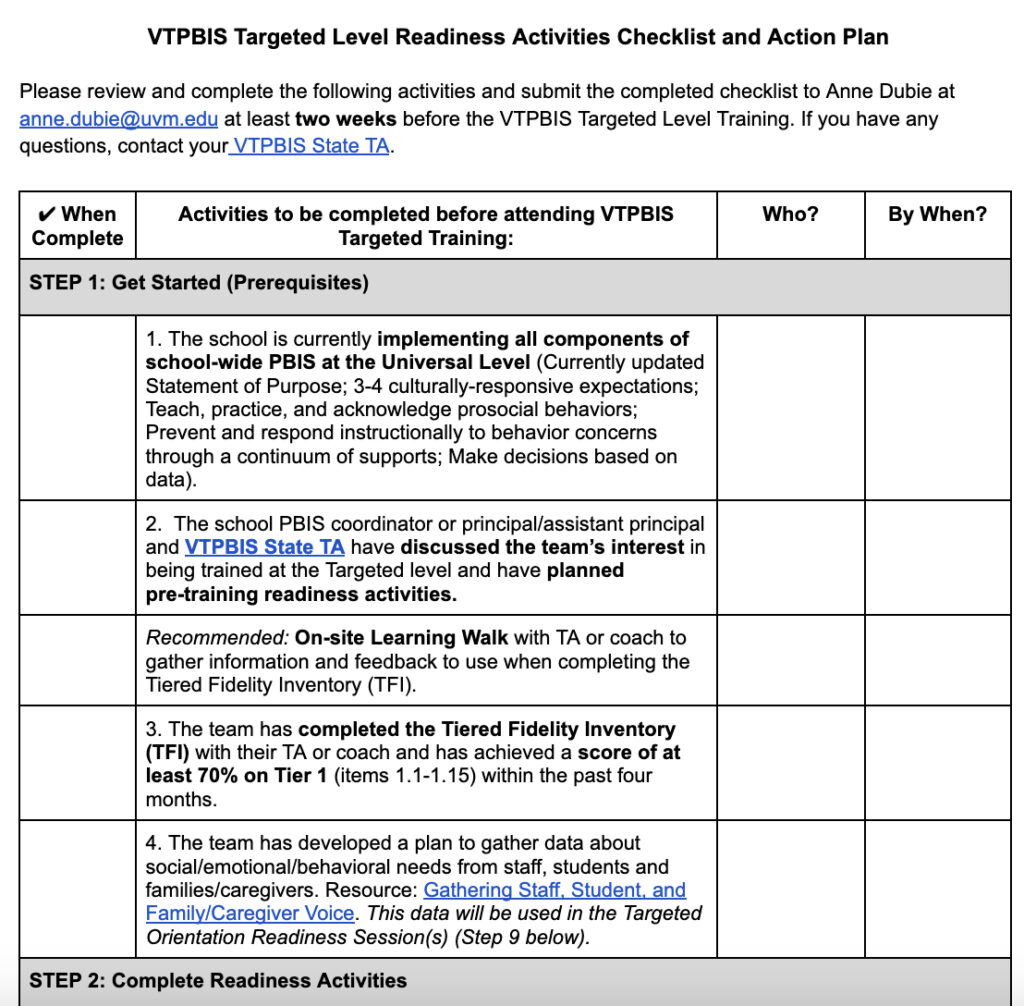 Targeted Level Checklist - Image - VT PBIS